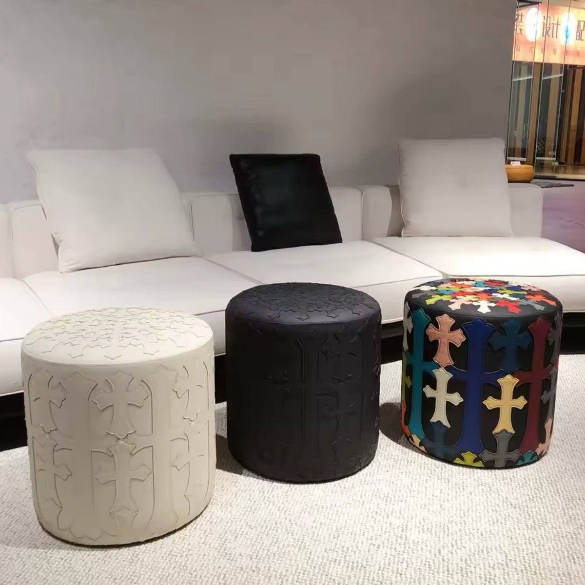 Ottoman with Gothic Crosses - All White – Modern Muse Studio